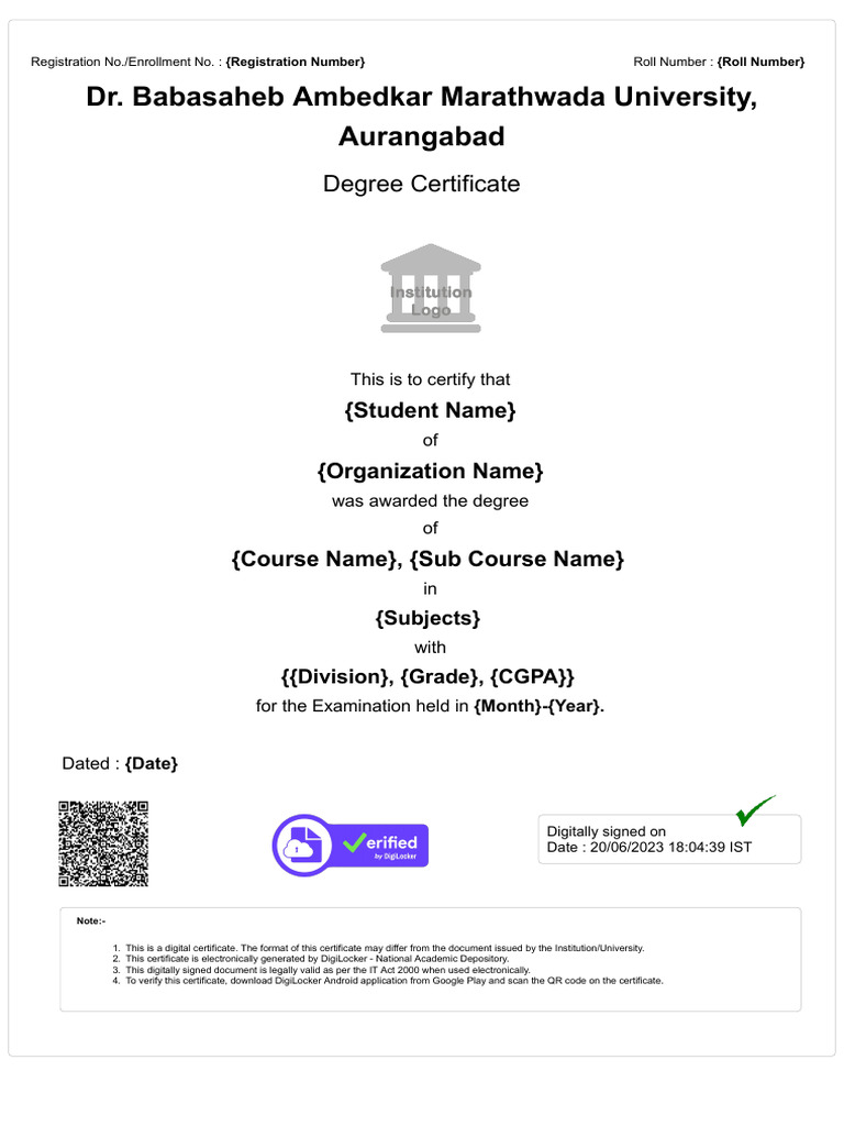 Dr. BAMU Degree Certificate Sample | PDF
