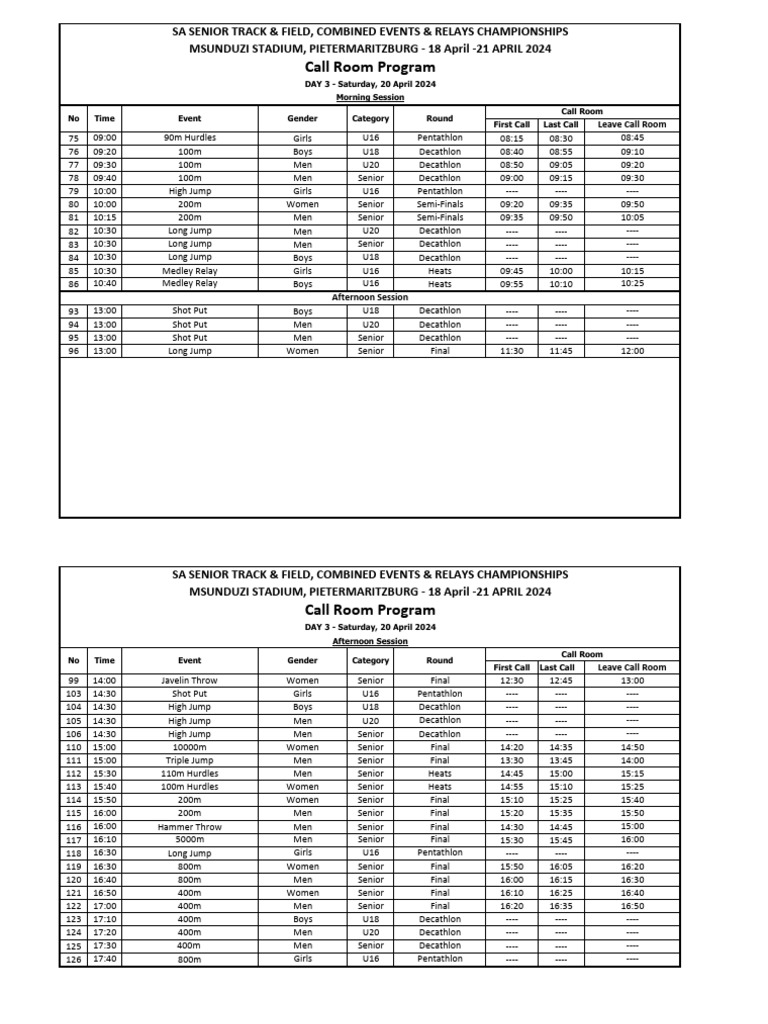 2024 SA Track & Field Call Room Schedule | PDF | Track And Field ...