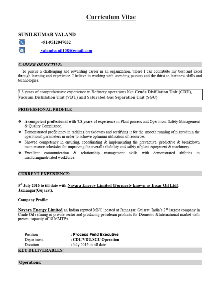 Sunil CV Shell | PDF | Oil Refinery | Chemical Process Engineering