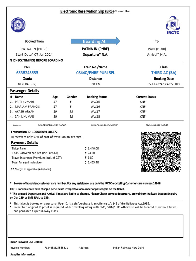 08440/pnbe Puri SPL Third Ac (3A) | PDF | Identity Document