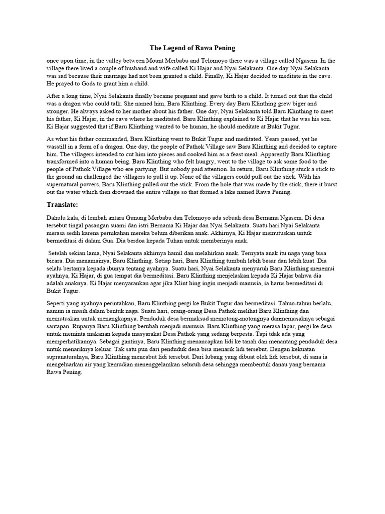The Legend of Rawa Pening Bahasa Inggris | PDF