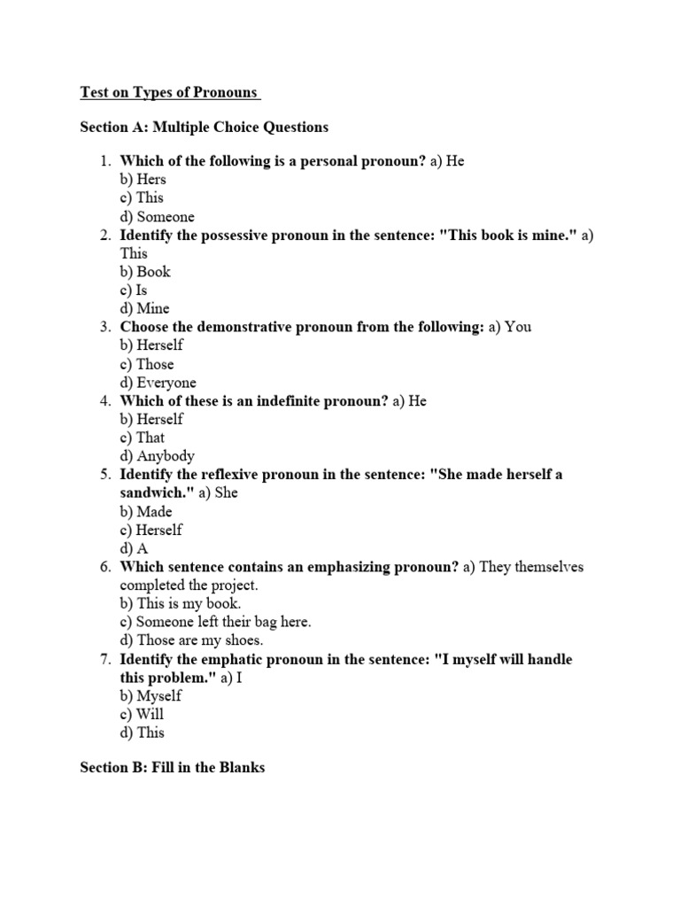 Types of Pronouns Test PDF | PDF
