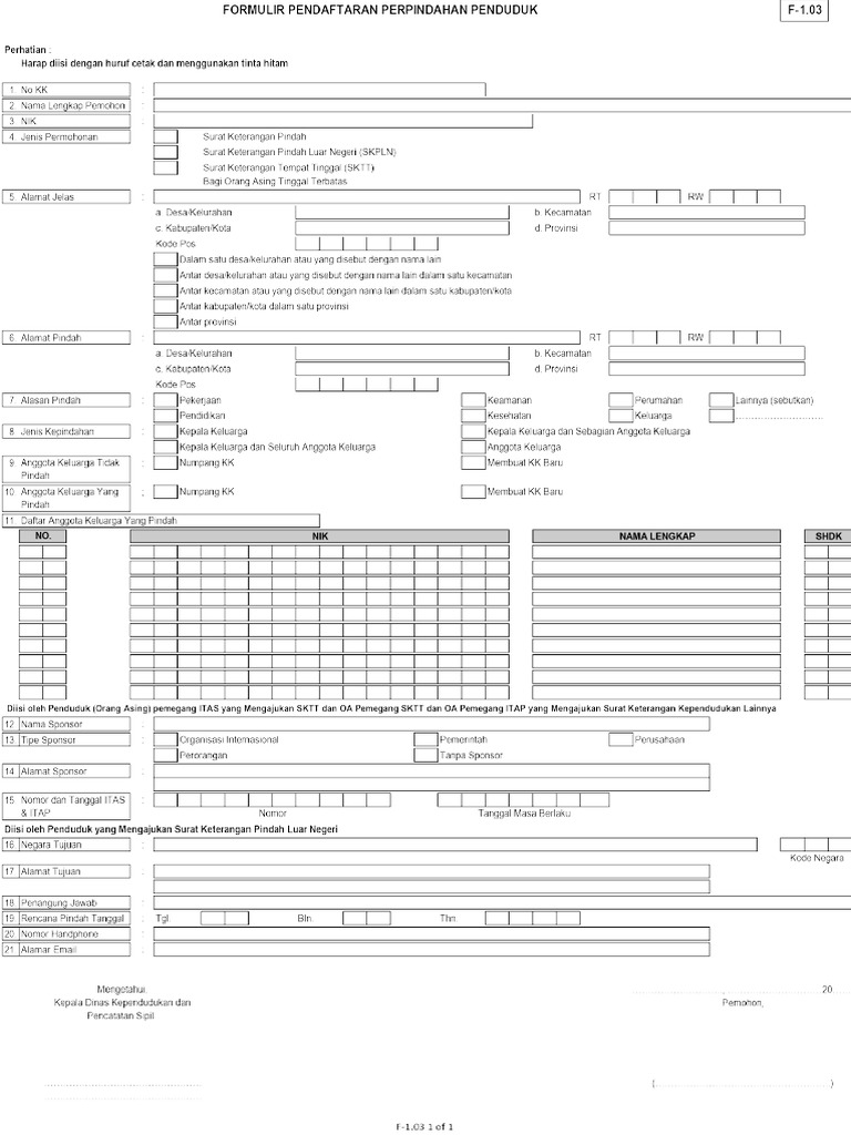Formulir F-1.03 Pendaftaran Perpindahan Penduduk1 | PDF