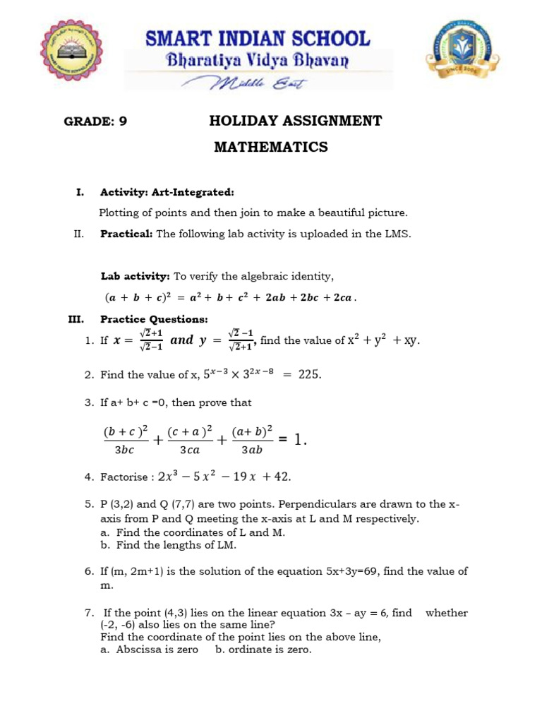 Holiday Assignment Grade 9 2024 - 25 | PDF