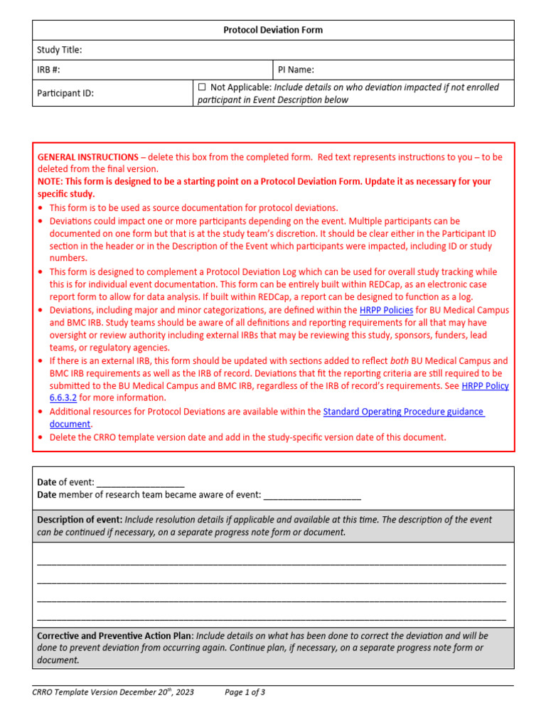 CRRO Tool - Protocol Deviation Form - 12202023 | PDF | Institutional Review Board | Risk