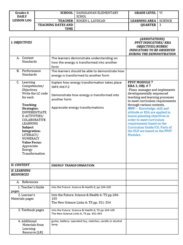 COT DLP Science 6-ENERGY TRANSFORMATION | PDF | Learning | Curriculum