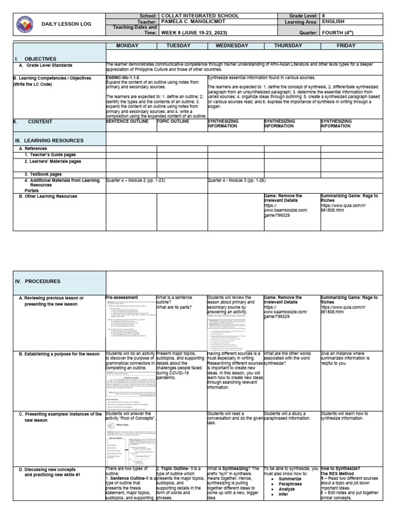 DLL_ENGLISH8_Q4_W8 | PDF | Information | Learning