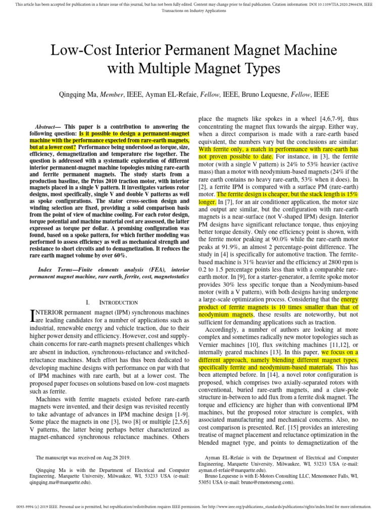 Low-Cost Interior Permanent Magnet Machine | PDF | Electric Motor | Magnet