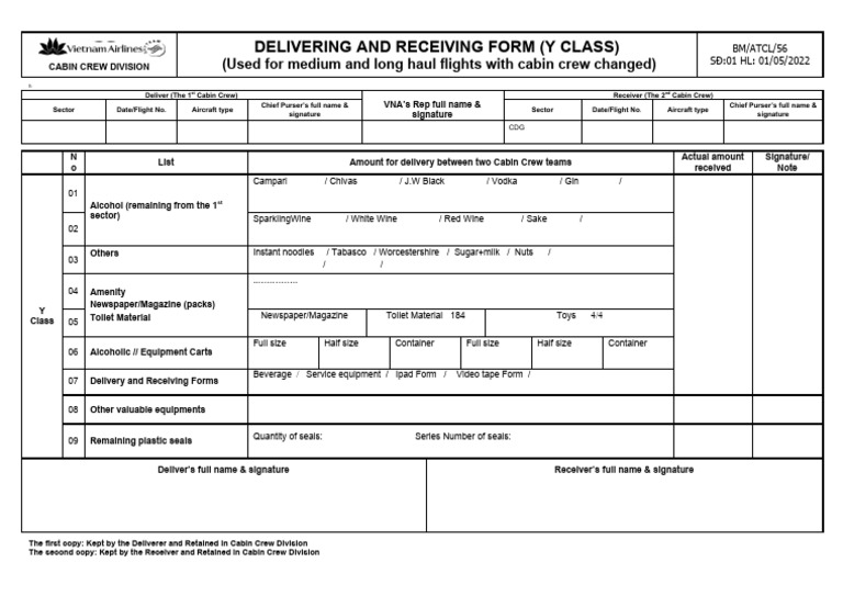 BM-ATCL.56 - Delivering and Receiving Form - Y Class - TV (RE01) | PDF ...