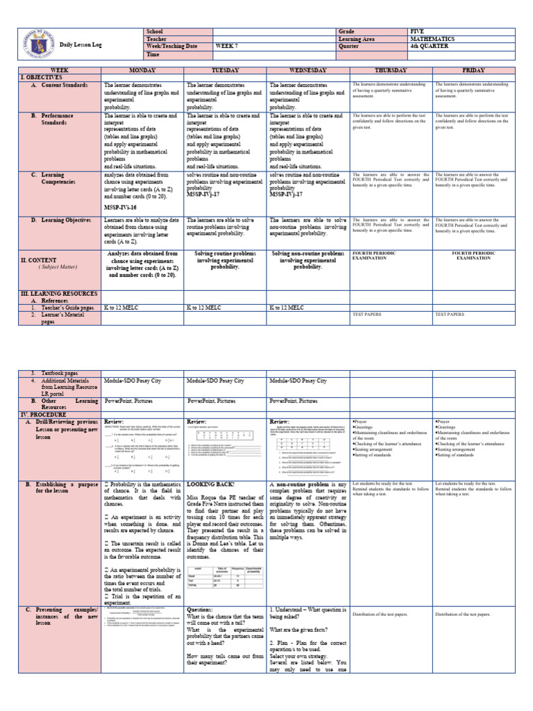 Dll-Week 7-Q4-Math-5 | PDF | Learning | Probability