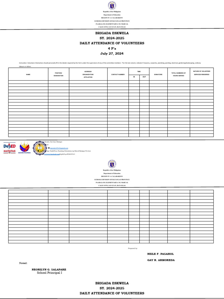 Daily Volunteer Attendance Form 2024-2025 | PDF