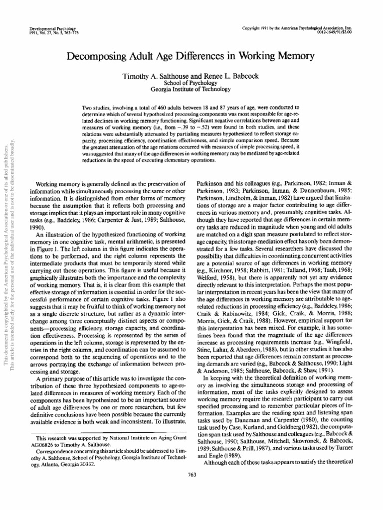 Timothy A Salthouse Decomposing Adult Age Differences | PDF | Working Memory | Memory