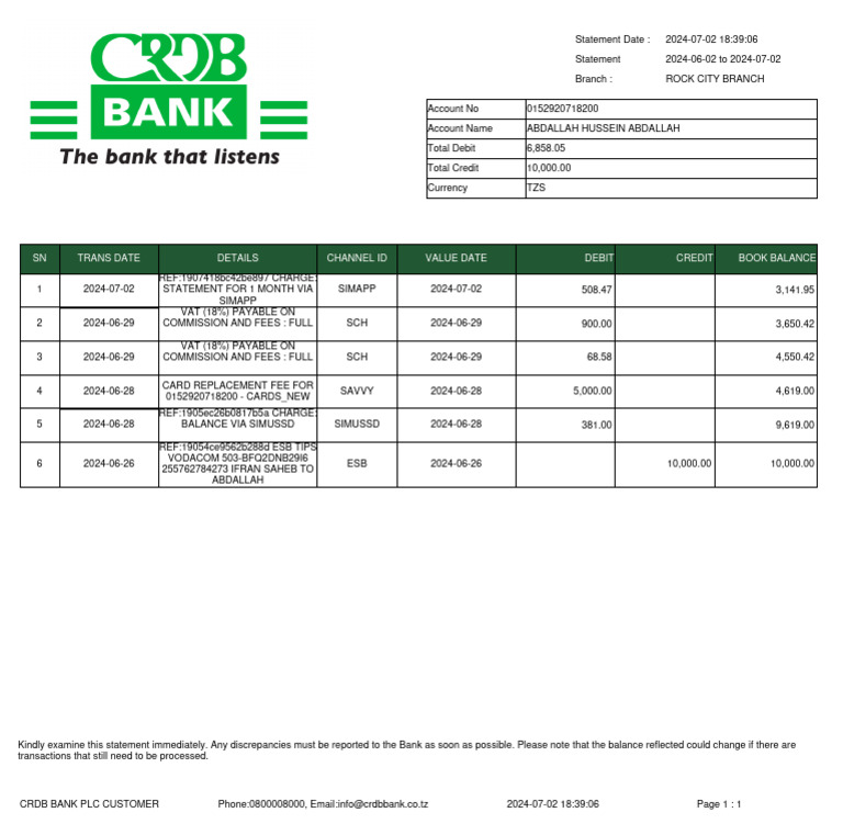 Stanbic Bank Statement Summary | PDF | Debit Card | Fee