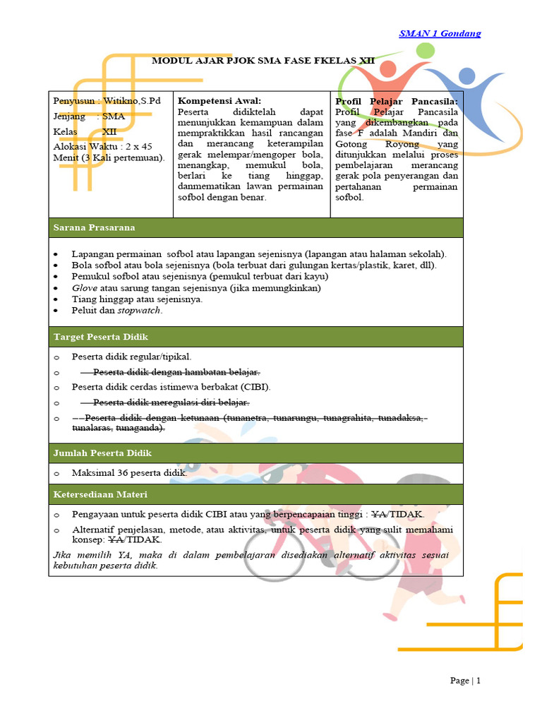 03 Modul Ajar Pjok Permainan Softball Kelas Xii Sma Fase F | PDF