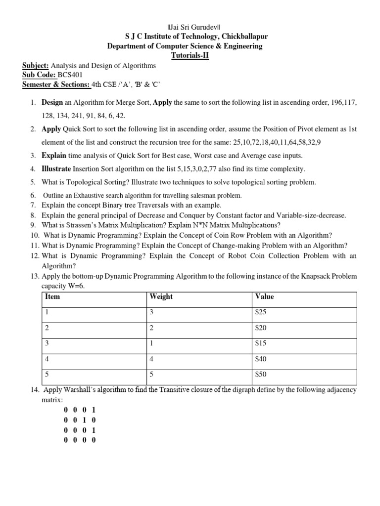 ADA Tutorial: Algorithm Design Exercises | PDF | Dynamic Programming ...