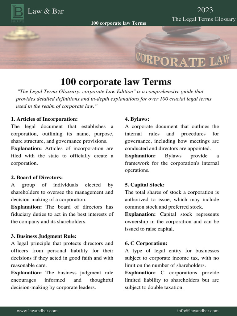 100 Corporate Law Terms | PDF | Stocks | Corporations