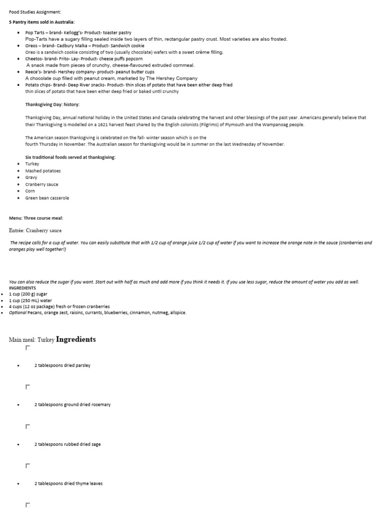 Food Studies Assignment | PDF | Thanksgiving | Cooking