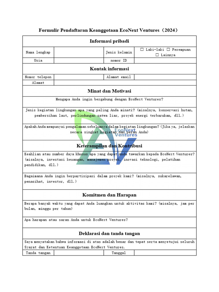 Formulir Pendaftaran Keanggotaan EcoNext Ventures | PDF
