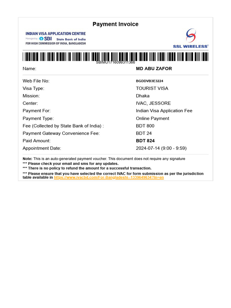 Indian Visa Application Payment Invoice | PDF