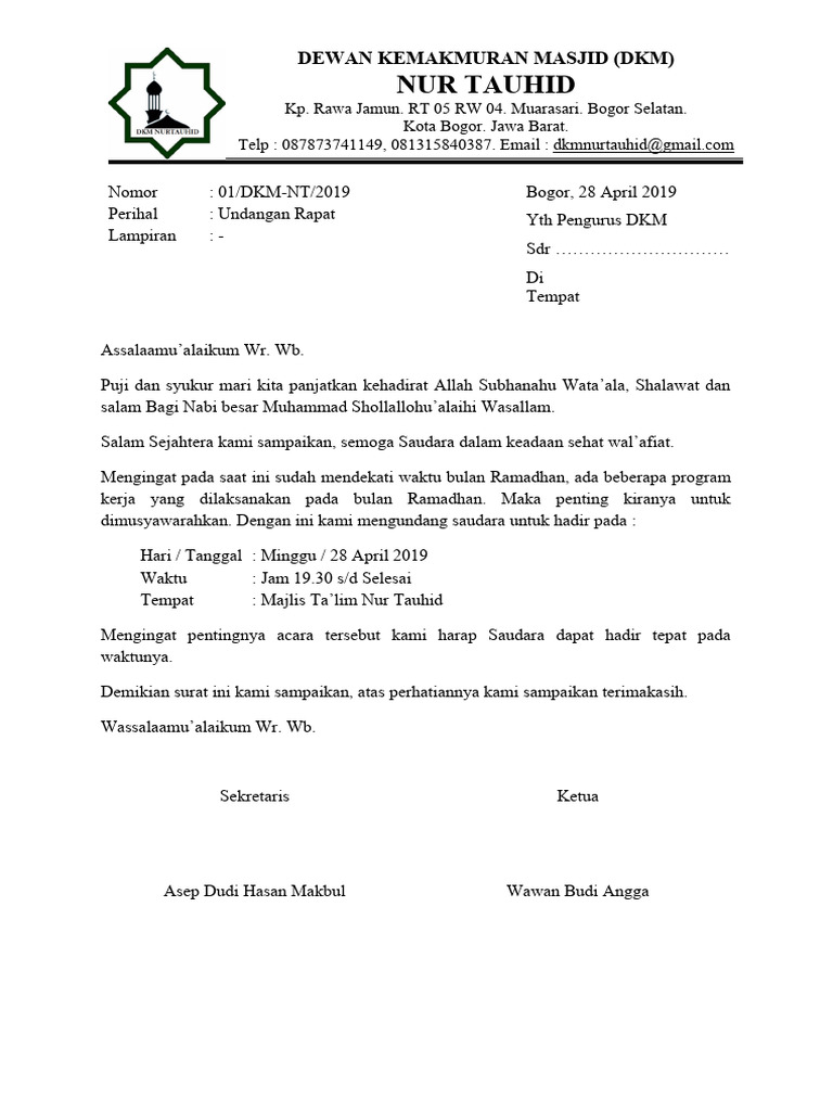 Undangan Rapat DKM Nur Tauhid 2019 | PDF