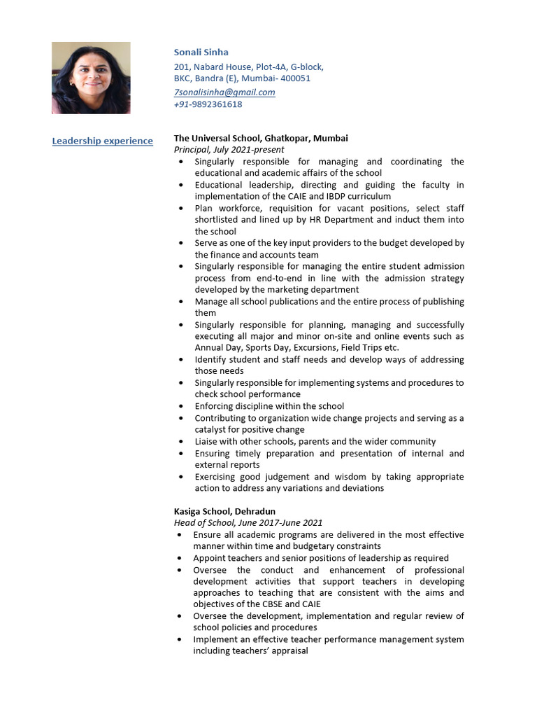 CV - Sonali Sinha | PDF | Schools | Curriculum