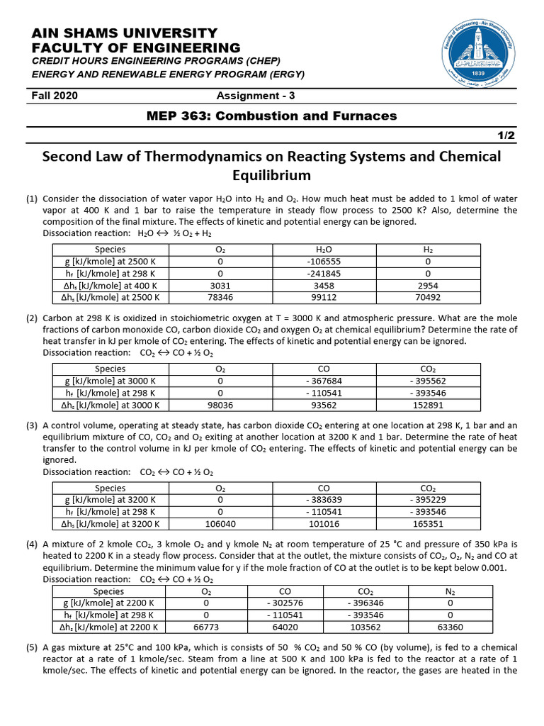 Sheet (3) - Combustion and Furnaces - Second Law & Chemical Equilibrium - MEP363-Fall-2020 | PDF ...
