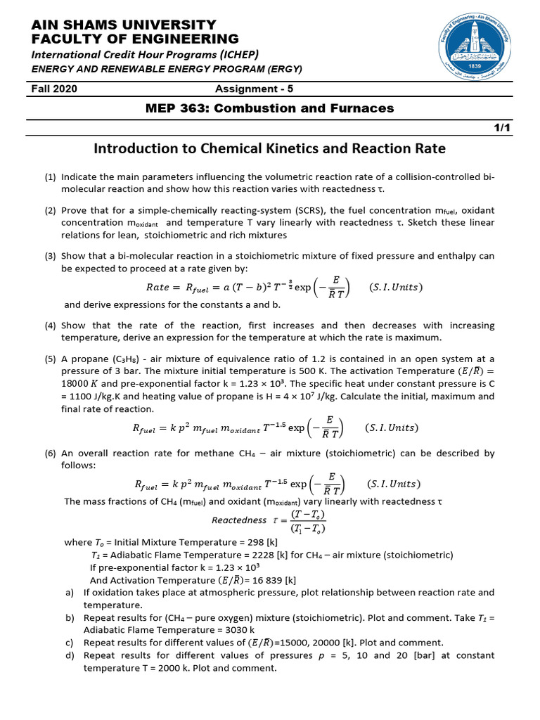 Sheet (5) - Combustion and Furnaces - Chemical Kinetics - MEP363-Fall ...