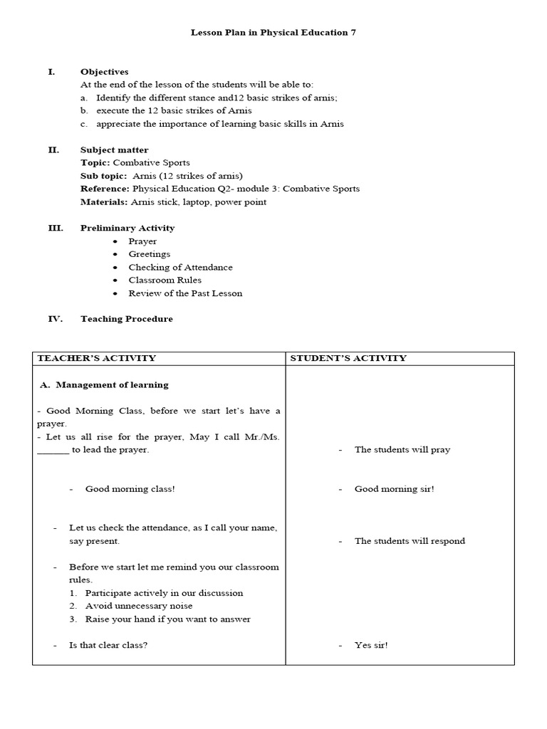 Detailed Lesson Plan in Arnis 7. | PDF