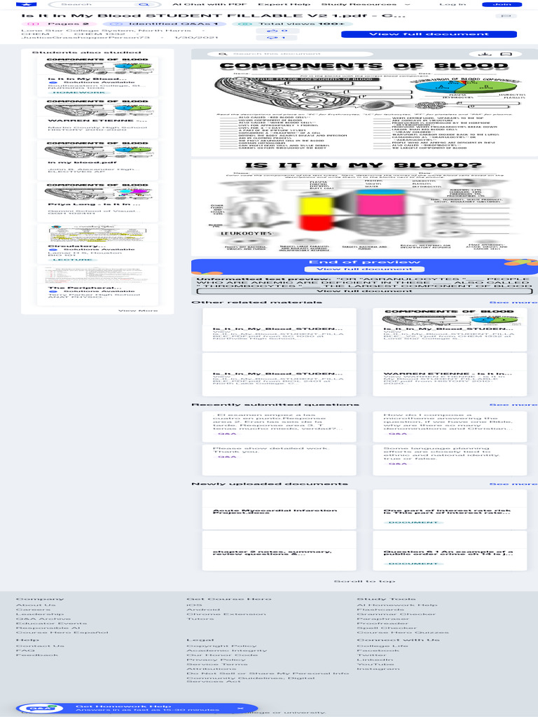 Components of Blood Worksheet | PDF | Blood | Blood Cell