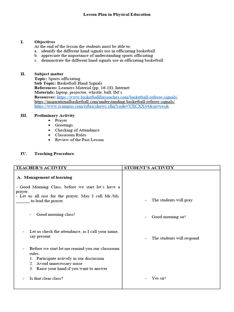Lesson Plan in Hand Signals G9 | PDF | Basketball Positions | Team Sports