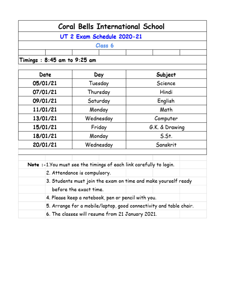 Class 6 Exam Schedule | PDF