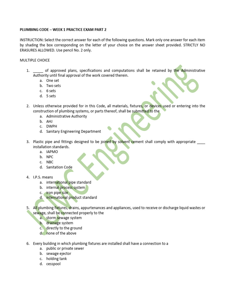 Plumbing Code-Practice Exam | PDF | Pipe (Fluid Conveyance) | Storm Drain