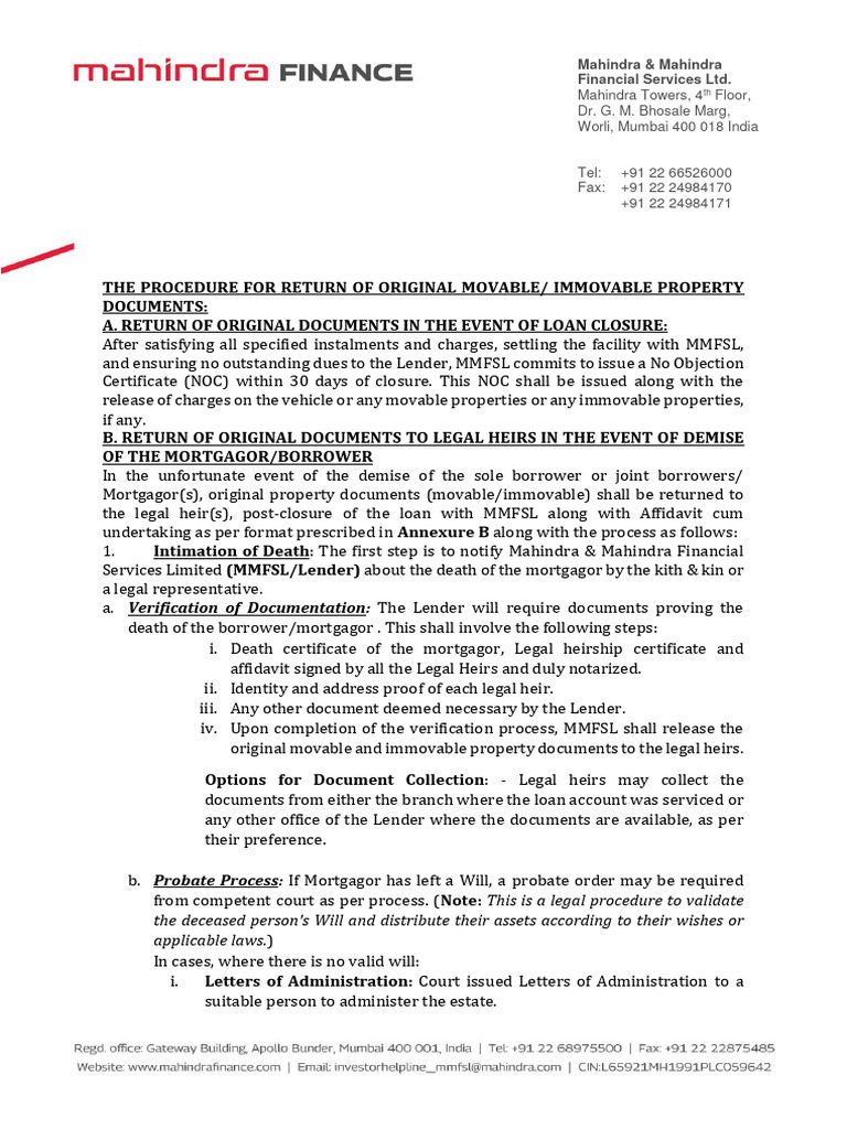 Guidelines For Return of Original Movable Immovable Property Documents ...