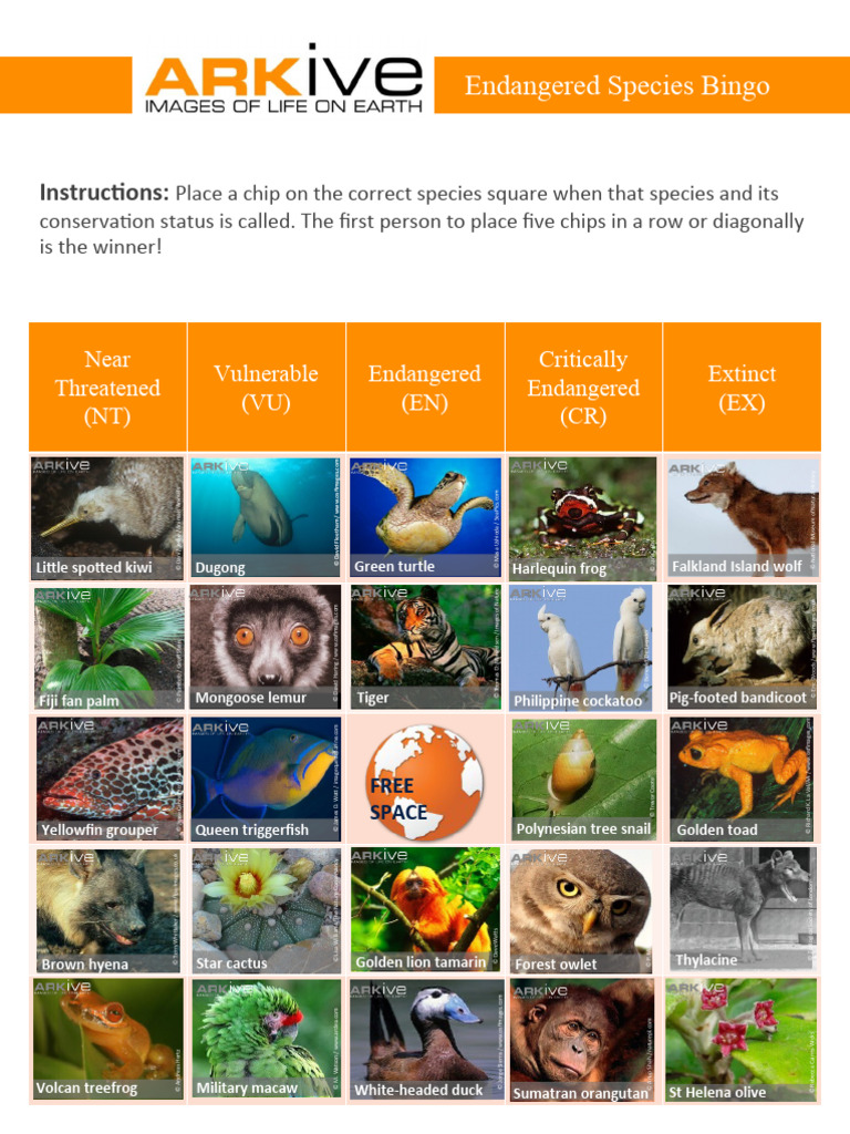 12376-An Introduction To Endangered Species For 7-11 Yrs - ARKive Bingo ...