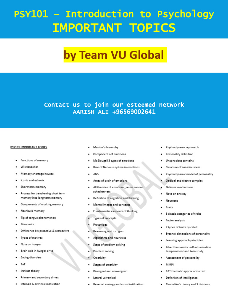 PSY101 Final Term Imp Topics by VU Global | PDF | Psychology | Emotions