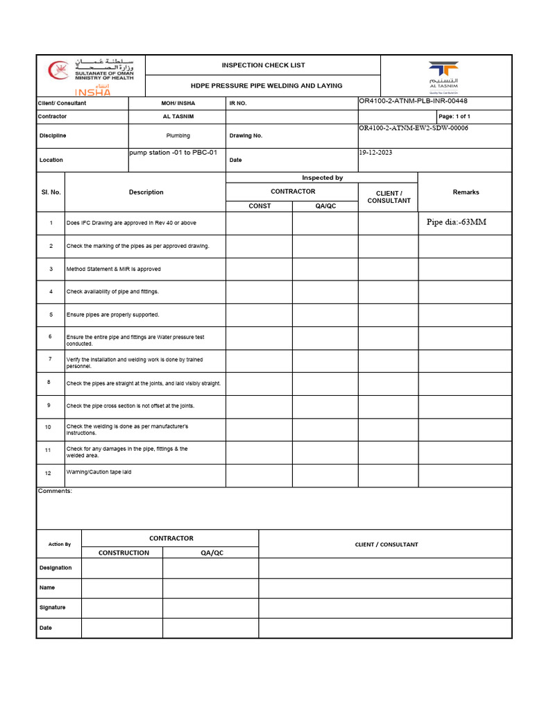 CHECK LIST INSTALLATION-HDPE PRESSURE PIPE | PDF | Pipe (Fluid ...