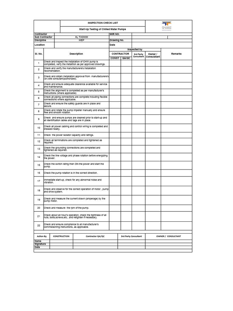 Checklist For Start Up Testing of Chilled Water Pump | PDF | Pump ...