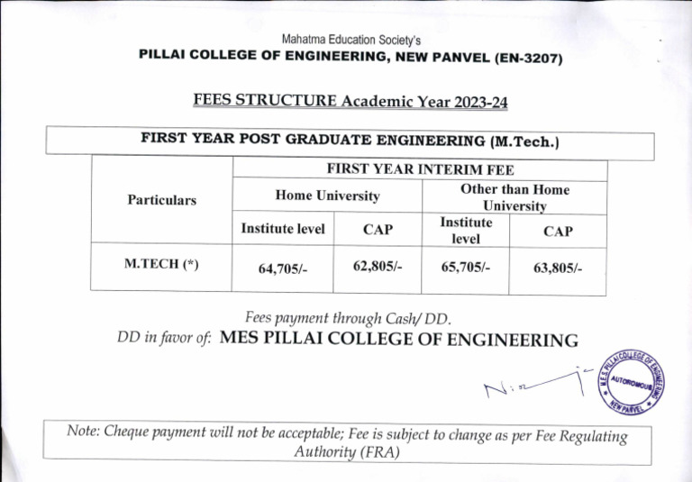 PCE M. Tech Fees Structure 2023 24 | PDF