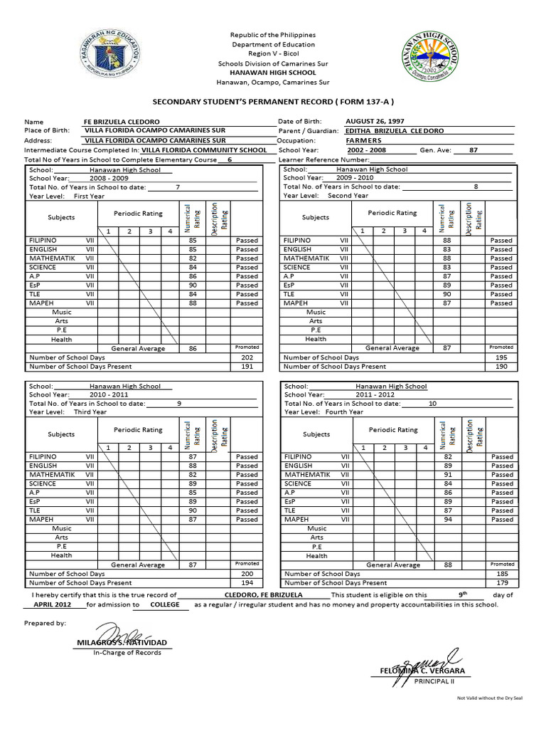 Fe Form 137 | PDF | Philippines