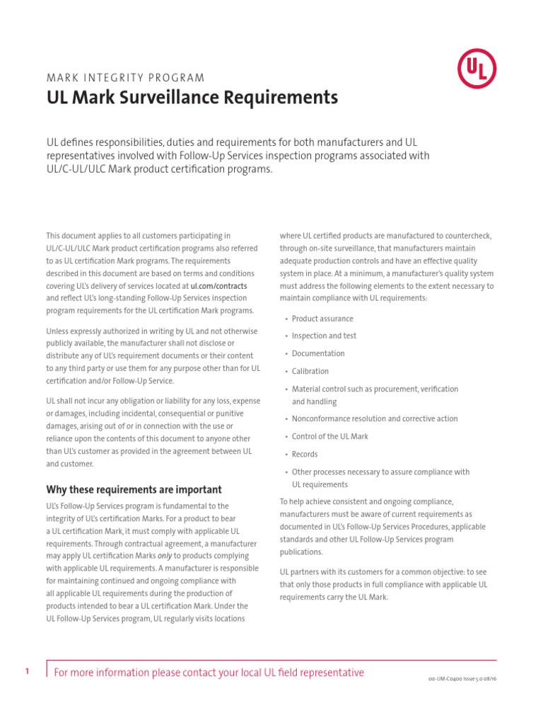 2017 UL Mark Surveillance Requirements | PDF | Calibration | Safety
