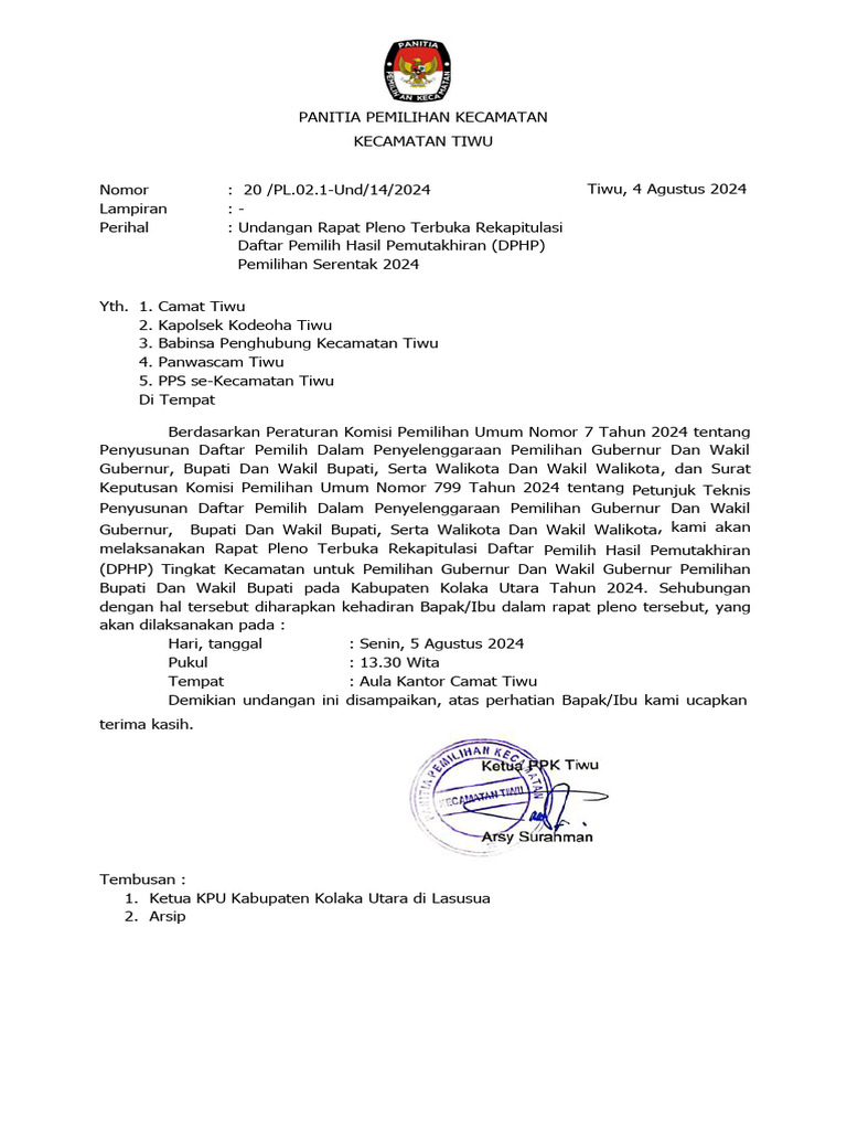 SURAT Undangan 5 Agustus Pleno DPHP | PDF