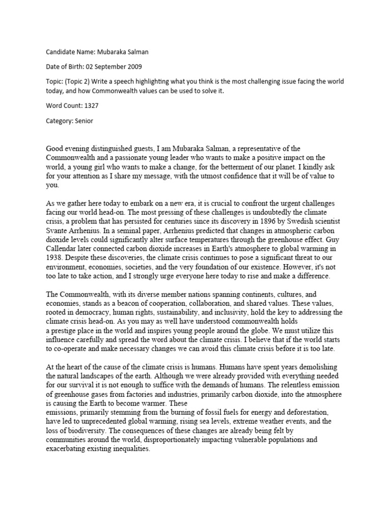 Common Wealth Essay Competition - Docx 2 | PDF | Climate Change ...