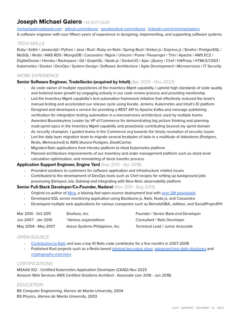 Joseph Michael Galero Resume | PDF | Amazon Web Services | Postgre Sql