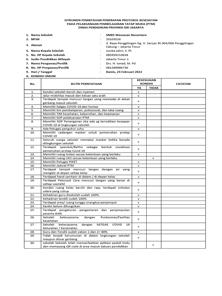 Instrumen Pemantauan Pelaksanaan PTMT 2022 | PDF