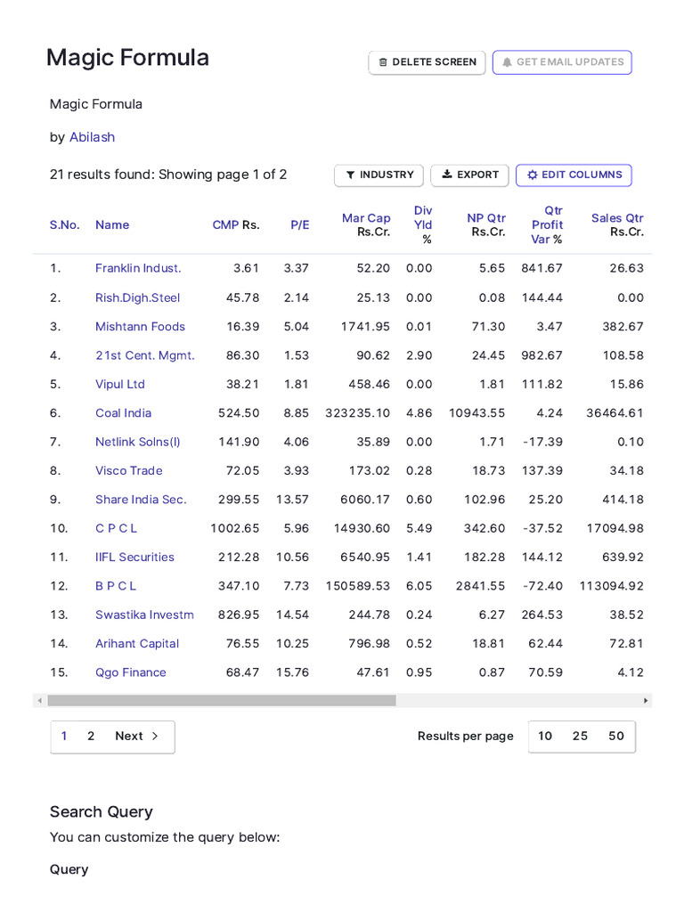 Magic Formula - Screener | PDF | Equity Securities | Financial Economics