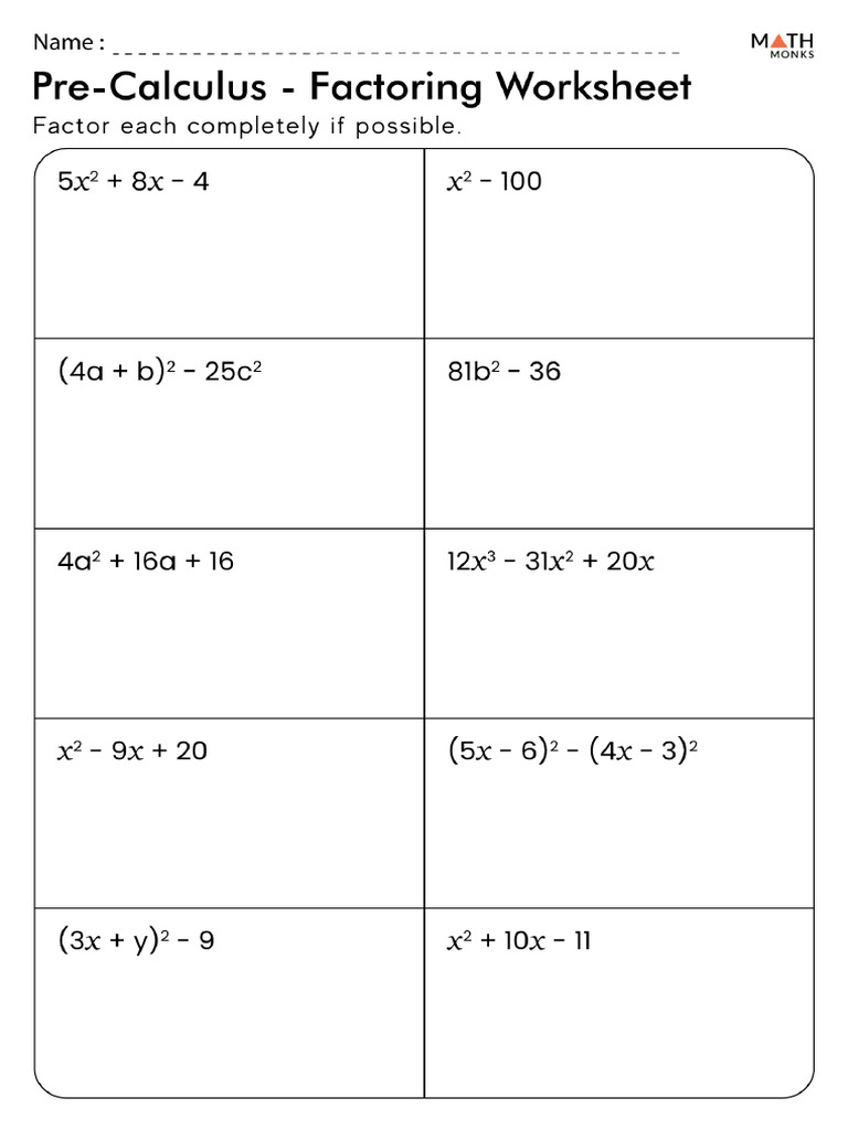 Precalculus Factoring Worksheet | PDF