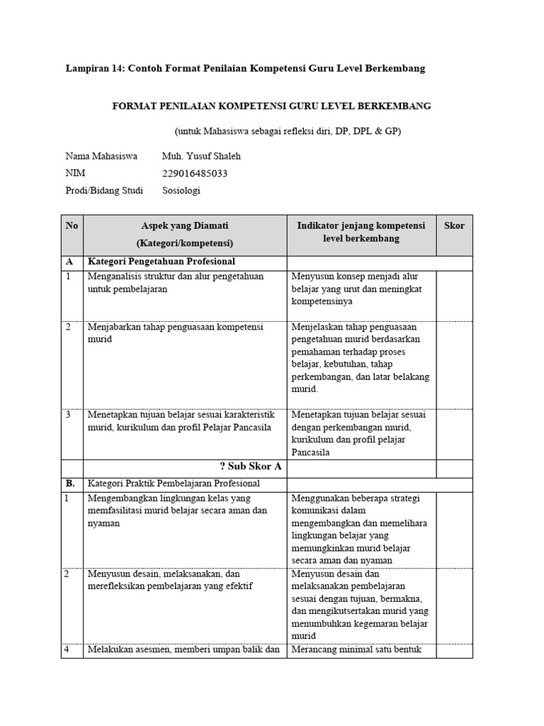 Lampiran 14 - Contoh Format Penilaian Kompetensi Guru Level Berkembang | PDF