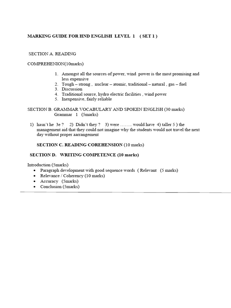 HND English Level 1 Marking Guide | PDF