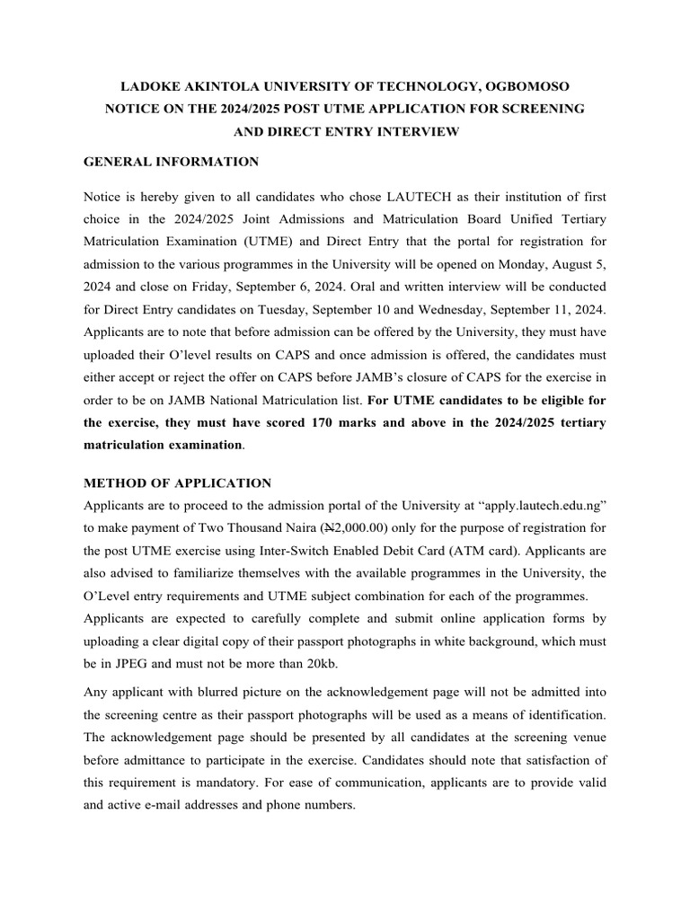 Notice On The 2024 2025 Post Utme Application For Screening and Diret ...