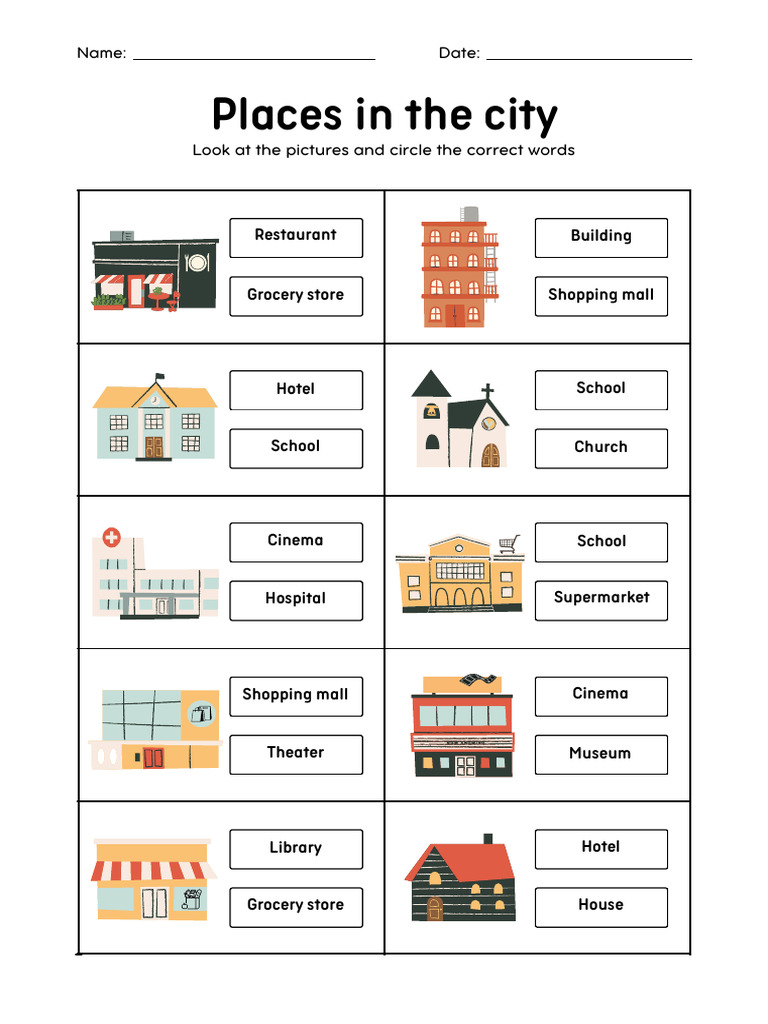 White Colorful Places in The City Vocabulary Worksheet | PDF